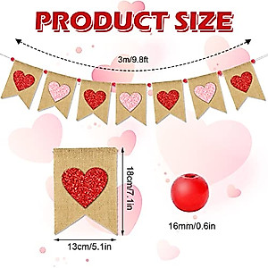 Whaline Valentine's Day Banner Glitter Heart Garland Burlap Banner with Wooden Beads Pre-Assembled Red Pink Heart Banner Fireplace Wall Hanging for Holiday Party Home Decoration