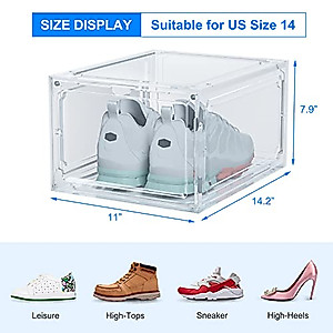 HIYOHIYO 1 Pack Shoe Boxes Clear Plastic Stackable, Sneaker Containers Magnetic Shoes Storage Box Foldable Drop Front Organizer Shoes Cases for Home Display Bins Fit up to Size 14 (14.2"x 11"x 7.9")
