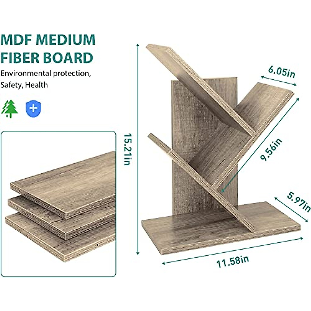 ZRWD Tree Bookshelf, 3-Tier Book Storage Organizer Shelves Floor Standing Bookcase, Wood Storage Rack for Office Home School Shelf Display for Cd/Magazine（French Oak Grey）