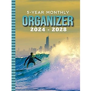 5-Year Monthly Organizer 2024-2028: Hardcover / Dated 8.5x11 / With To Do Lists - Goal - Reminder - Note Sections / Personal Organizing Gift / Retro Surfer Surfing on Blue Ocean Wave Art Cover
