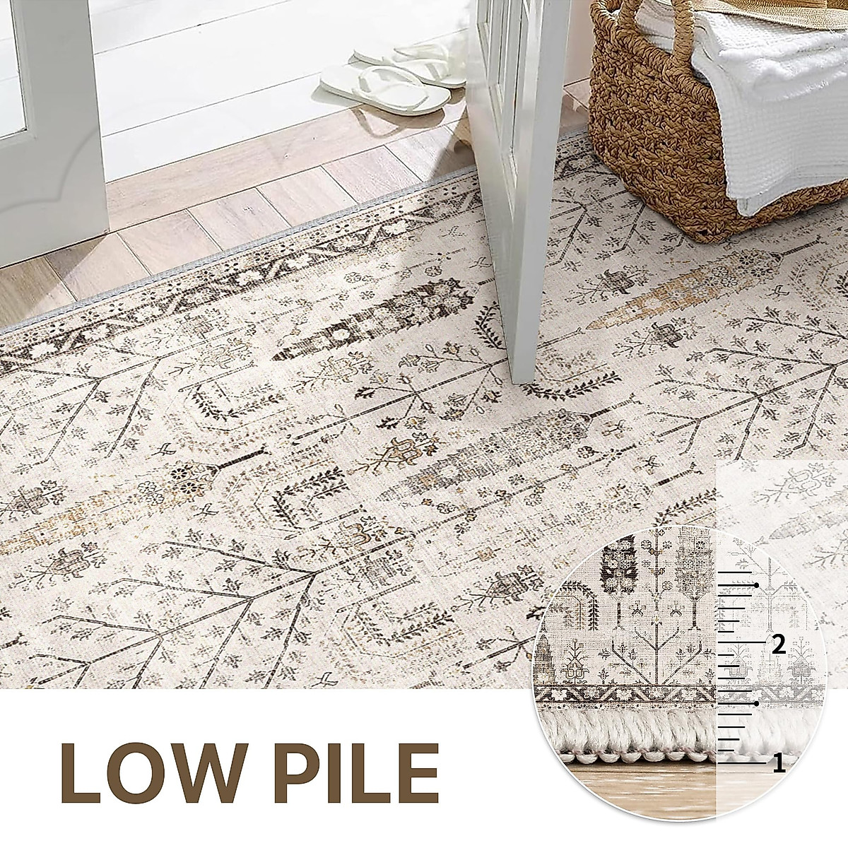 Bavni Runners for Hallways, Floral Non Slip Machine Washable Rug, Neutral Lightweight Low Pile Kitchen Bedroom Rugs, Thin Durable Aesthetic Farmhouse Vintage Tree Soft Wood 2x5 Rug