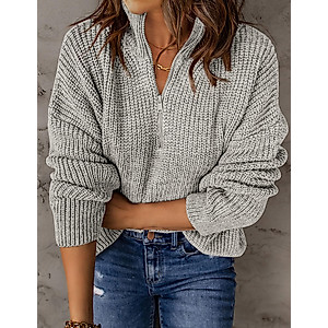 MEROKEETY Women's 2024 Long Sleeve Chunky Knit Sweaters 1/4 Zip Polo V Neck Casual Pullover Tops,Grey,S