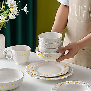 WAYUTO Ceramic Daisy Serving Bowl Embossed Crockery Soup Dessert Bowl Daisy Edge Relief Dinnerware Round Dining Bowl for Ice Cream Kitchen Decoration Tableware Dinnerware Household Wedding