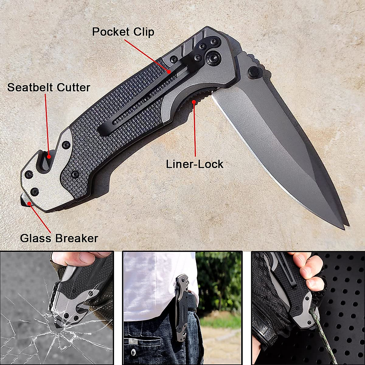 IOCBYHZ Pocket Knife, Stainless Steel Tactical Folding Knife, Outdoor Survival Folding Pocket Knife/Rescue Knife 4'' Blade with Liner Lock Pocketclip, Ideal for Hiking Camping Hunting Fishing EDC