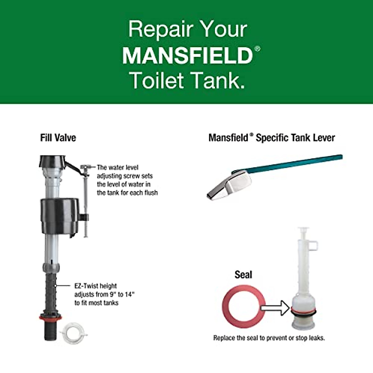 Fluidmaster K-400A-023 Mansfield Toilet Fill Valve and Flush Valve Seal Repair Kit Multicolor