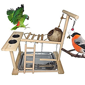 Parrots Playground Bird Play Stand Natural Wood Perch Gym Parakeet Nest Climb Swing Ladders with Feeder Cups Ladders Lovebirds Cage Accessories Toy Exercise Activity for Conure Cockatiel Lovebirds