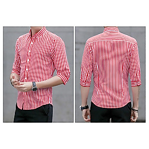 Men's Striped Button Down Shirts Casual Turn-Down Collar Slim Fit Shirts Classic Stylish Business Dress Shirts (Red,X-Large)