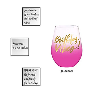 slant collections Jumbo Wine Glass Holds a Whole Bottle of Wine Extra Large Stemless Birthday Wine Glass, 30-Ounces, Birthday Vibes