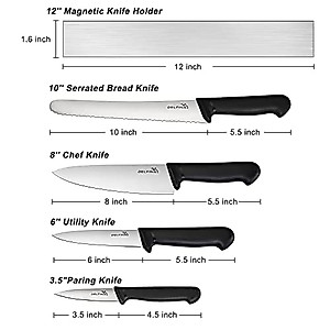 DELFINA Professional 5 Piece Knife Set with 12" Stainless Magnetic Knife Bar, Premium Stainless Steel Chef Knife Set, Heavy Duty Magnet Bar, Easy Install For Kitchen Storage (5-PCS-BLACK)