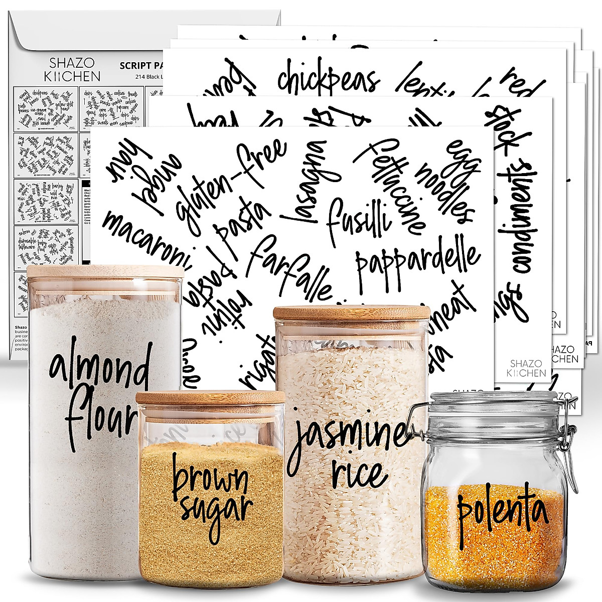214 Extra Large Kitchen Pantry Labels for Food Storage Containers, Water Resistant - Easy to Read - Preprinted Black Script on Clear Stickers for Jar & Canisters - Kitchen Labels for Organizing
