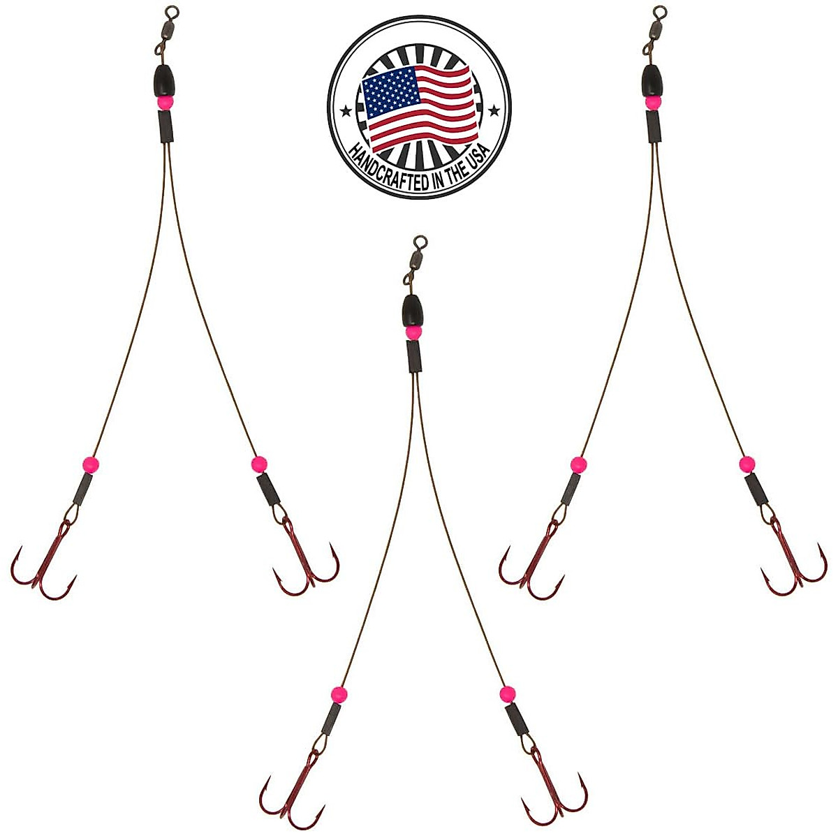 Tooth Shield Tackle Tungsten Weighted Ice Fishing Tip Up Leader Rig (90 lb) Ice Fishing Sucker Walleye Pike Musky Predator Rig (3 Pack) (Camo/Pink Bead/Predator Rigs) (Hook Size: 1/0)