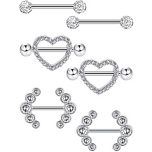Arardo 14G 316L Stainless Steel CZ Nipple Rings Set Surgical Steel Nipple Barbell For Women Nipple Piercing Jewelry 6Pcs Silver AB0030-1