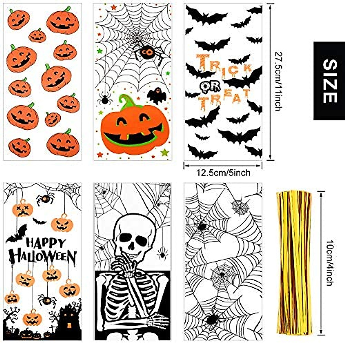 Zonon 180 Pieces Halloween Cellophane Treat Bags Halloween Candy Wrappers Pumpkin Skull Bat Presents Bags Transparent Candy Bag with 200 Pieces Ties for Halloween Party Favors