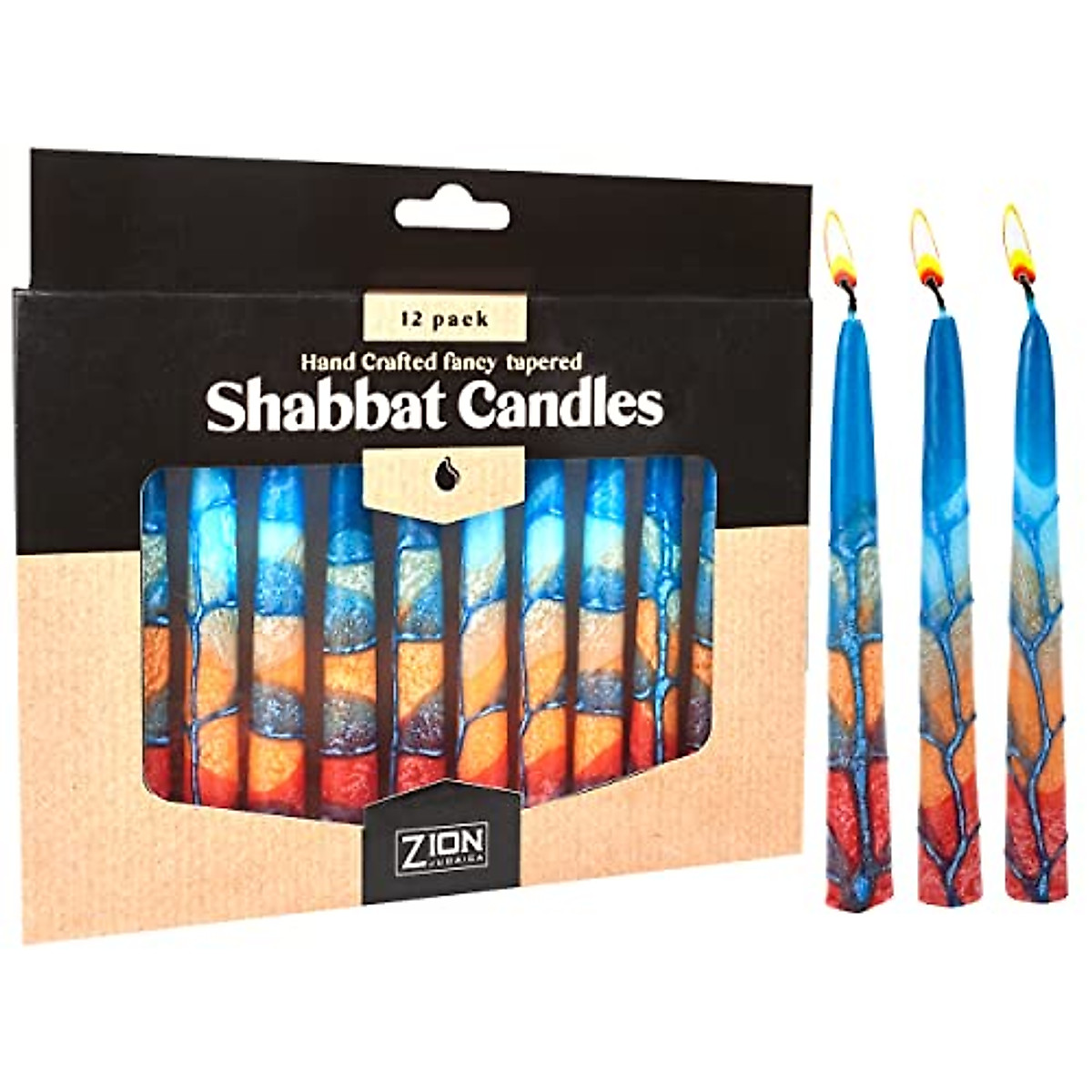 Zion Judaica Artistic Shabbat Candles 5.5 Inch Tall Hand Crafted 12 Pack for Weddings, Anniversary, Holidays, Celebration, Home Décor Burns 2.5 Hours - Dusk Reflection