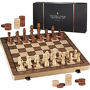 15" Wooden Chess Sets - Chess & Checkers Board Game | with 2 Extra Queens | Wooden Chess Set | Chess Board Set | Chess Sets for Adults | Chess Sets for Adults & Kids | Checkers Game for Kids & Adults