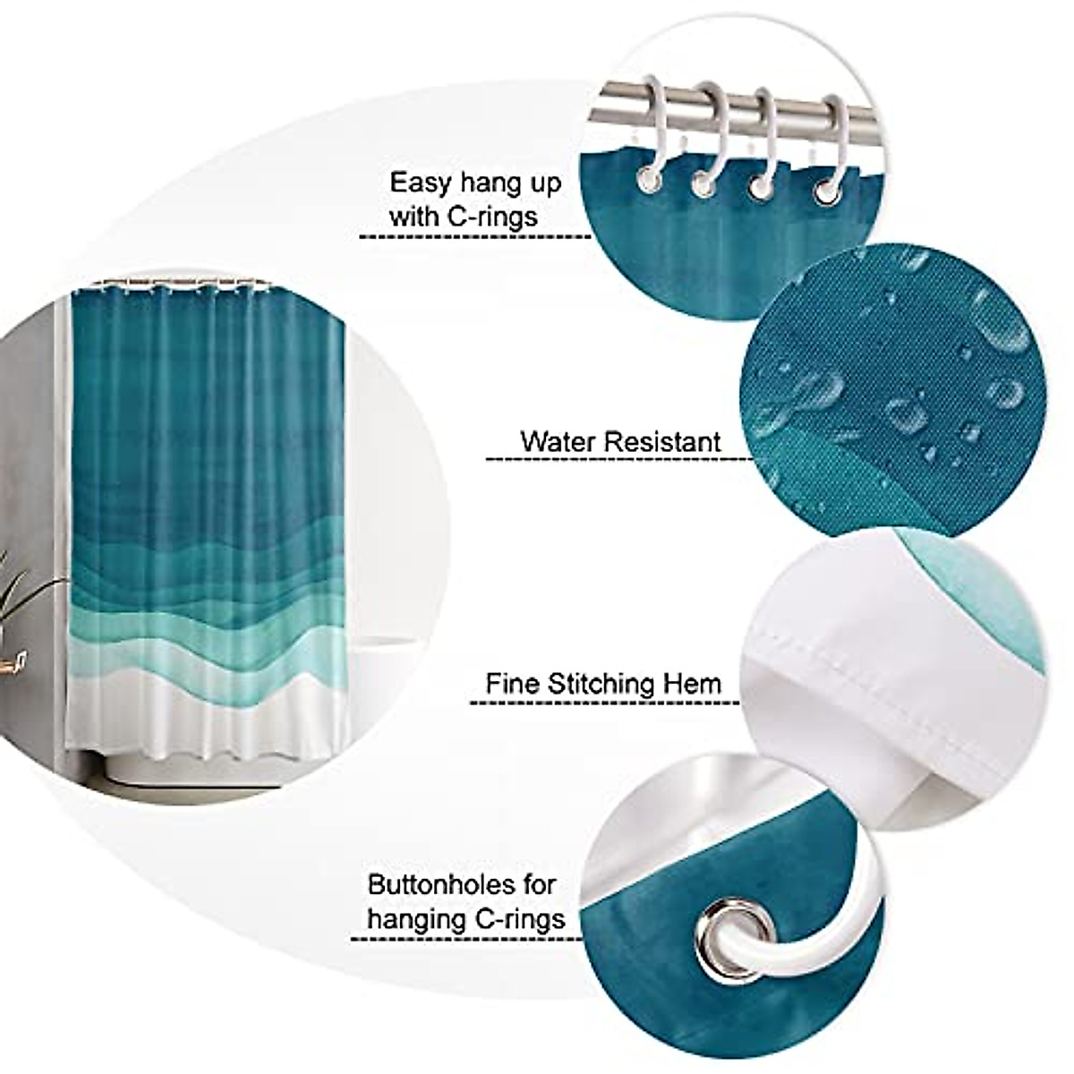 4 Pcs Shower Curtain Set with 12 Hooks Watercolor Teal and White Gradient Bathroom Sets with Non-Slip Bath Mat Toilet Lid Cover Waterproof Durable Shower Curtain and Rugs