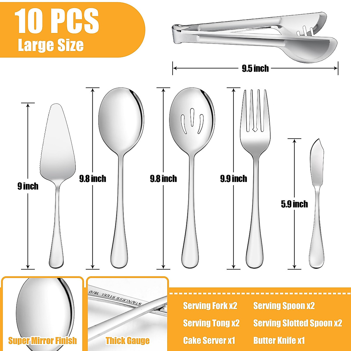 E-far Large Serving Utensils Set of 10, Stainless Steel Serving Spoon, Slotted Spoon, Fork, Tong, Cake Server and Butter Knife for Parties Buffet Banquet Kitchen, Mirror Finish & Dishwasher Safe