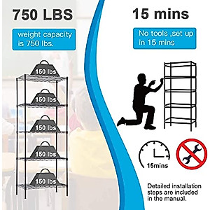 5-Tier Metal Shelving Unit, Heavy Duty Storage Shelves Hold 750LBS NSF Steel Organizer Wire Rack for Closet Basement Office Kitchen Laundry, 24" W x 14" D x 60" H- Black