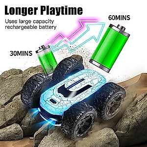 TRIPLEFINE Remote Control Car for Kids 8-12, 360°Rotating with 2 Batteries, Double-Sided RC Car Stunt Car Toy, 2.4Ghz Remote Control with LED Lights and Headlights