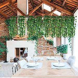 Guagb 12 Strands Artificial Vines - Fake Ivy Silk Leaves - Faux Green Garland Hanging Vine for Room Wall Kitchen Office Garden Home Wedding Party Decor