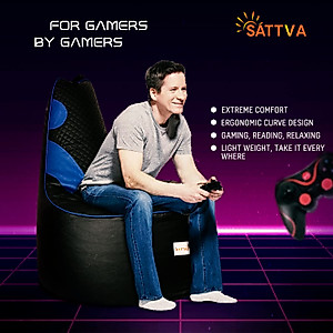 SATTVA 3.5Ft Faux Leather Gaming Bean Bag Chair for Adults - Big Bean Bag Covers Only (No Filling), Love Sack Bean Bag, Ultra Soft Zipper, for Dorm & Family Room_Black & Royal Blue