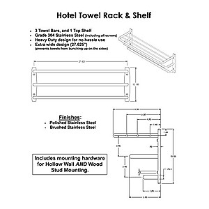 FPL Oversized 28 Inch Stainless Steel Hotel Towel Rack & Shelf in Brushed Stainless Steel Finish