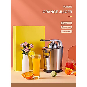 FOHERE Citrus Juicer Electric Orange Juicer with Humanized Handle and Two Size Cones for Grapefruits, Orange and Lemon, Powerful 160W Silent Motor Stainless Steel BPA-Free, Silver