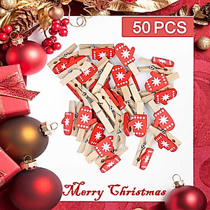 50pcs Christmas Clips Mini Clothes Pins Wooden Clothespins Photo Clips Small Wood Clips Set DIY Hanging Pegs for Christmas Cards Paper Crafts Holiday Party Supplies,Red Gloves