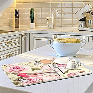 Rose Birds Butterfly Dish Drying Mat 24"x18" Absorbent Machine Washable Hanging Fast Dry Pad Dish Protective Mat for Kitchen Countertop Heat Resistant Dinner Table Mat