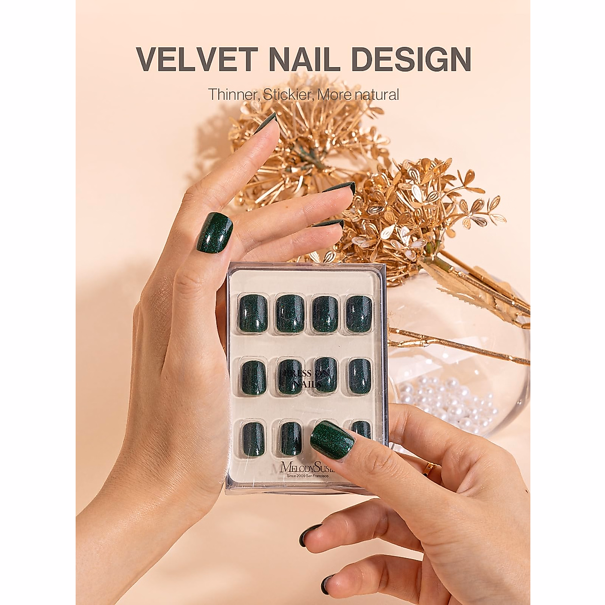 MelodySusie Press on Nails Short Square Acrylic Fake Nails Kits Press on False Supremely Fit & Natural Nails Stick On Nails in 30pcs 12Sizes Disposable Manicure for Women and Girls, Forest Green