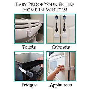 Baby Safety Locks | Child Proof Cabinets, Drawers, Appliances, Toilet Seat, Fridge and Oven | Tools Not Required | Uses 3M Adhesive with Adjustable Strap and Latch System (6-Pack, White)