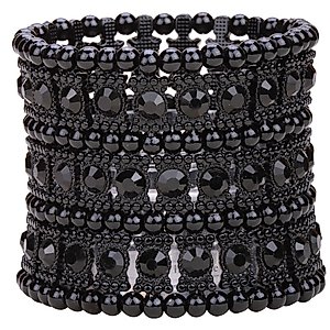 YACQ Women's Multilayer Stretch Cuff Bracelets Fit Wrist Size 6-1/2 To 7-1/2 Inch - Soft Elastic Band & 3 Row Crystals - 2 Inch Wide - Lead & Nickle Free (Dark Black)