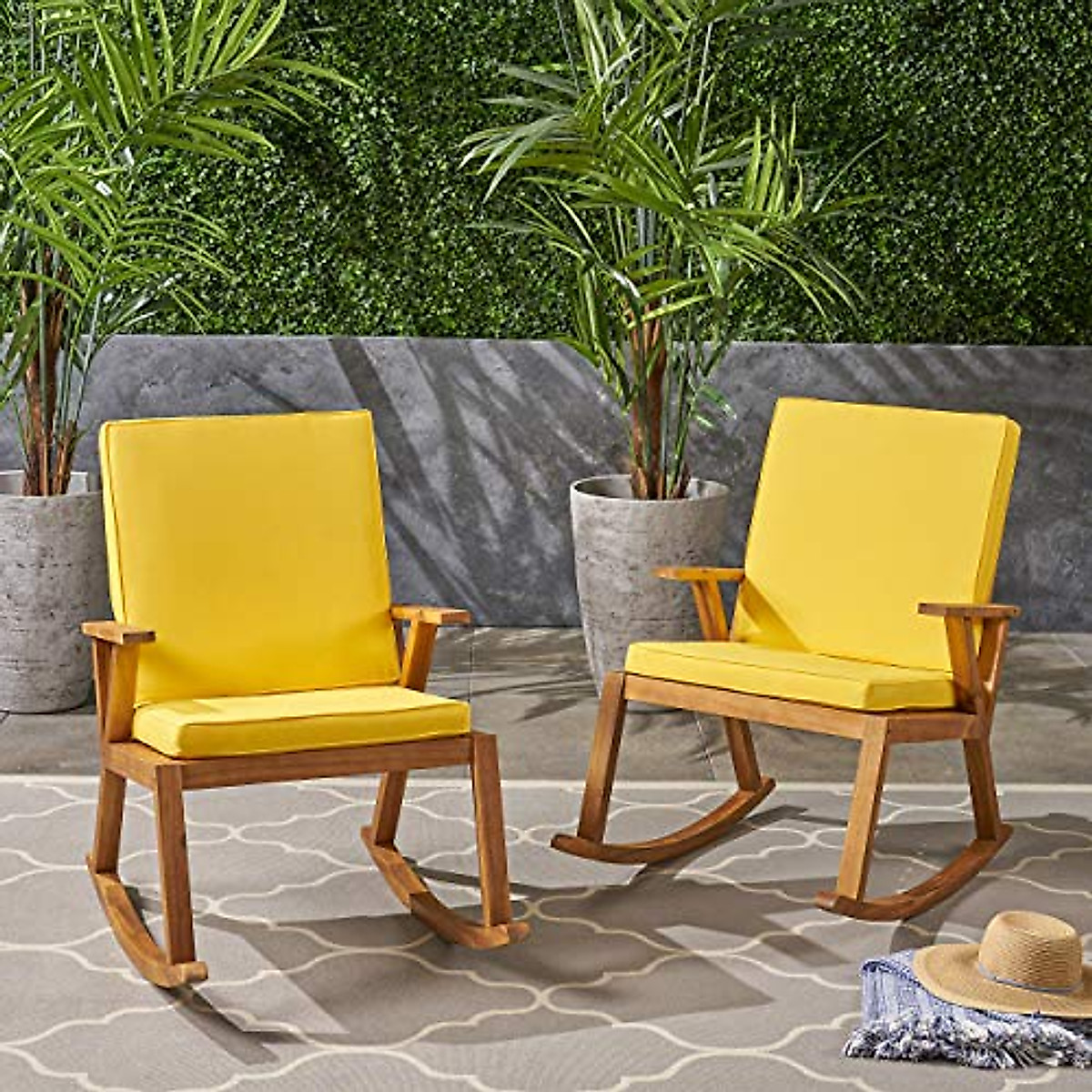 Champlain Outdoor Acacia Wood Rocking Chair with Water-Resistant Cushions (Set of 2), Teak and Yellow