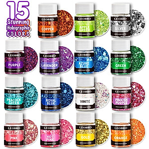Holographic Chunky Glitter, 15 Colors Craft Glitter for Resin, with 5PCS Mixing Spoon, LEOBRO Cosmetic Glitter for Nail Body Eye Face, Resin Glitter Flakes Sequins for Tumbler Jewelry Crafts Making