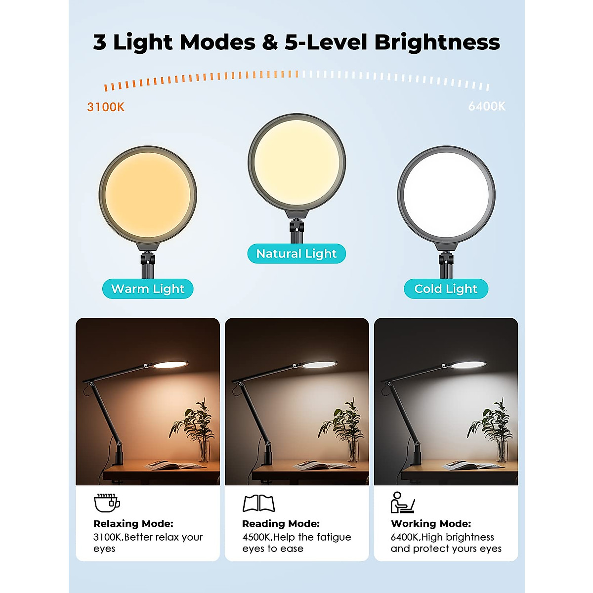 Viozon LED Desk Lamp with Clamp, Swing Arm,7'',Eye-Caring,Dimmable 3 Color Modes & 5 Brightness,Height,Angle Adjustable, Aluminum Alloy, USB Charging&Memory Function for Home Office,Read,Work,Study