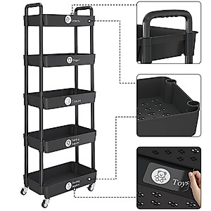 UDEAR 5-Tier Rolling Utility Cart with 12 Category Labels,Multifunctional Storage Shelves with Handle and Lockable Wheels for Room,Office,Kitchen,Bathroom,Black