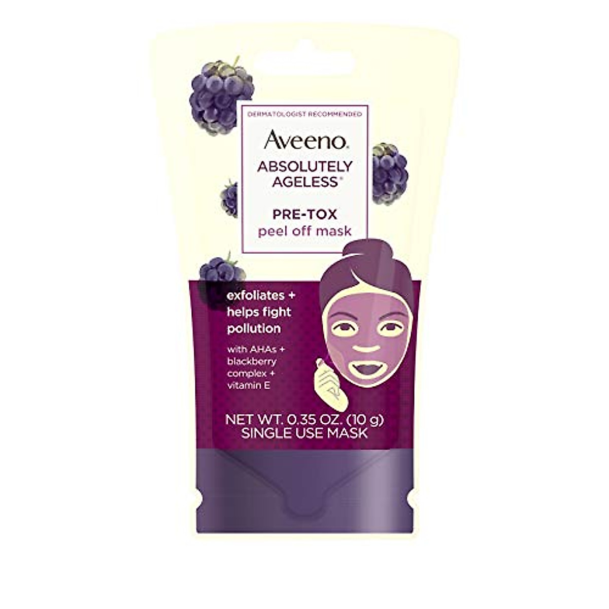 AVEENO Absolutely Ageless Pre-Tox Peel Off Antioxidant Face Mask with Alpha Hydroxy Acids, Vitamin E & Blackberry Complex, Non-Comedogenic, Single Use 0.35 oz