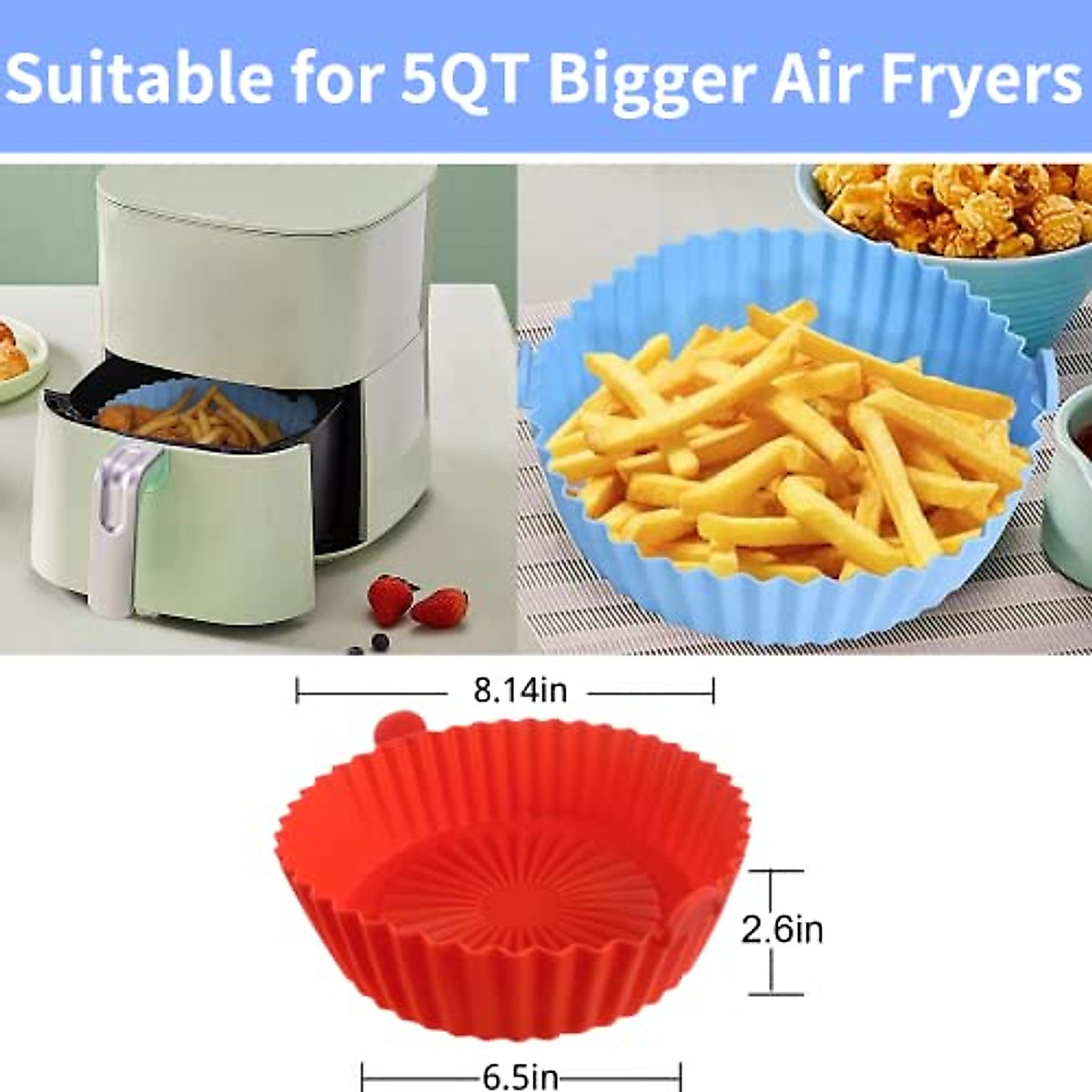 Air Fryer Silicone Liners 8 Inch, 2 Pack Air Fryer Accessories for Ninja Air Fryer Liners Reusable with Handle, Basket for 5 QT 6QT 7 QT, Red & Blue