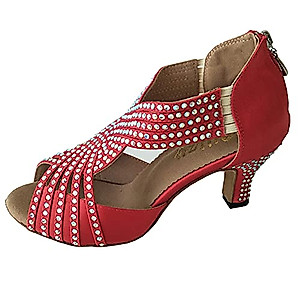Womens Latin Salsa Dance Shoe 2.5 Inches Cuban Heel Open Toe Ballroom Sexy Evening Socials Indoor Soft Sole Party Dancing Sandals with Rhinestones (Red, Numeric_10)