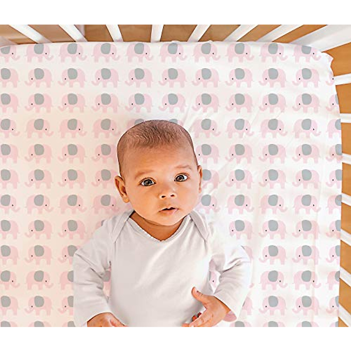 The Peanutshell Fitted Crib Sheet Set for Baby Girls, Pink Elephant & Hearts, 2 Pack Set