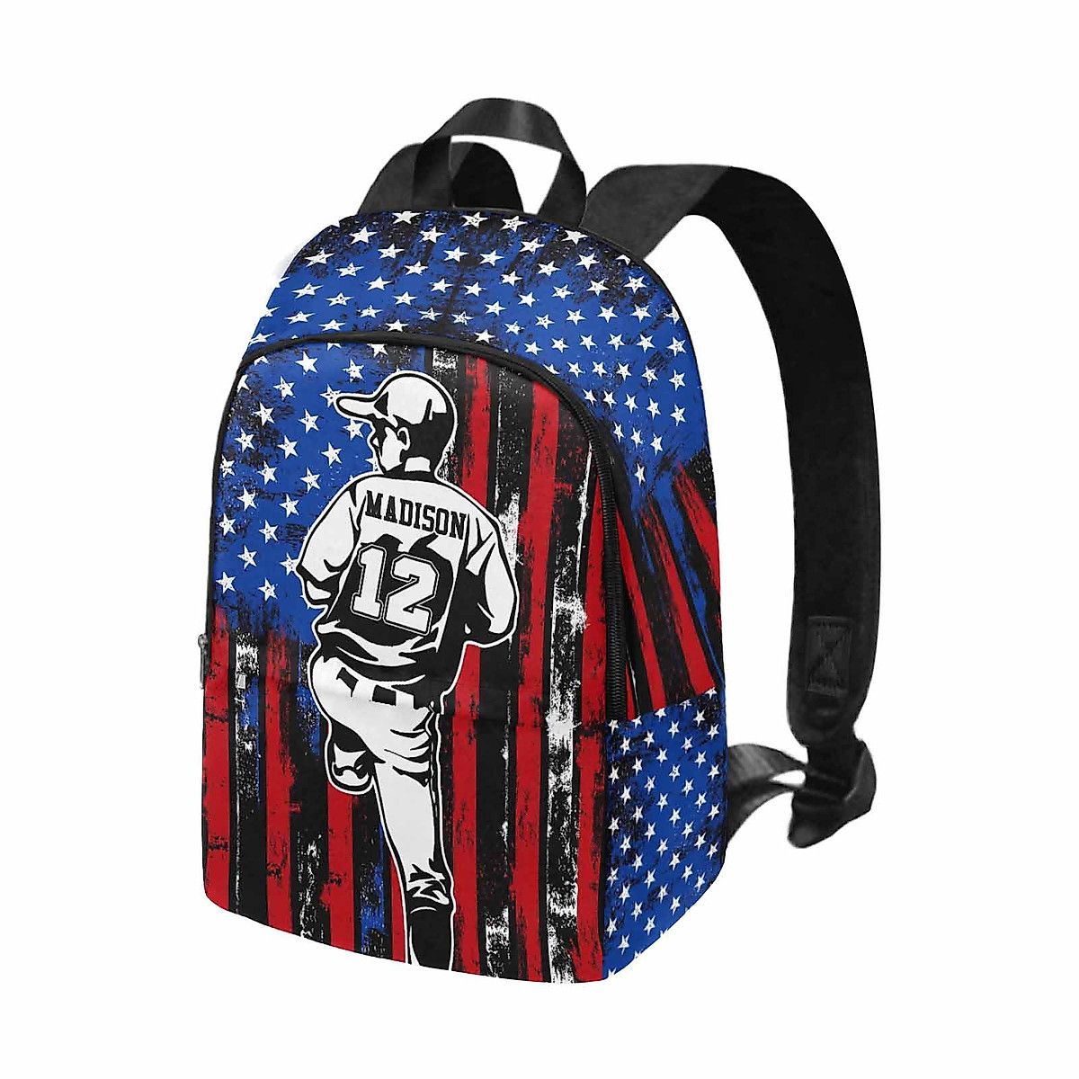 Custom Name Kid's Backpack Watercolor US Flag Pattern Baseball Player Personalized School Bookbag with Your Own Name Customization Casual Bookbags for Student Girls Boys on Birthday School Season
