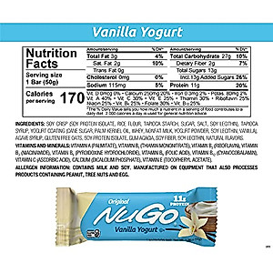 NuGo Protein Bar, Vanilla Yogurt, 11g Protein, 170 Calories, Gluten Free, 1.76 Ounce each, 15 Count (Pack of 1)