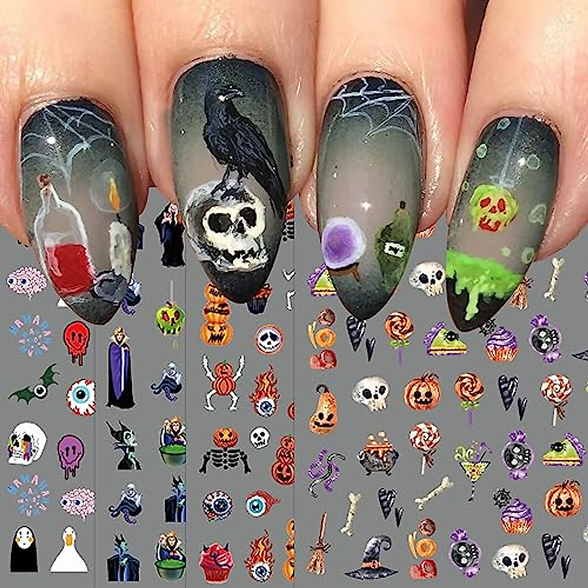 JMEOWIO 9 Sheets Halloween Nail Art Stickers Decals Self-Adhesive Pegatinas Uñas Skull Ghost Witchy Pumpkin Nail Supplies Nail Art Design Decoration Accessories
