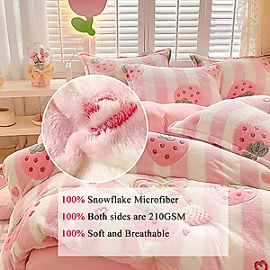 OranFran Pink Strawberry Kids Duvet Cover Set Queen Cute Kawaii Bedding Set Snowflake Fluffy Comforter Cover Blanket Soft Reversible Duvet Cover Room Decor (Strawberry,Queen)