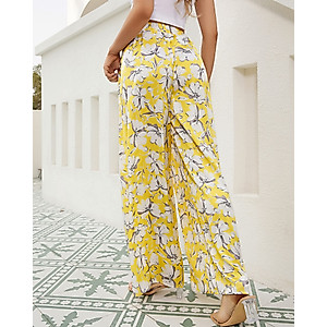 QIANXIZHAN Women's Wide Leg Pants, High Waisted Palazzo Pants Dressy Summer Flowy Casual Lounge Work Dress Pants Trousers Yellow Flower XL
