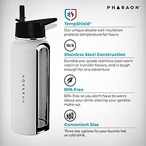 PHARAON Reusable Sport & Hiking Water Bottle | Vacuum Insulated Stainless Steel | Double Walled | BPA Free | Leak Proof | Travel Friendly | Includes 3 Lids | Hot & Cold Beverages | 32 Oz Color White