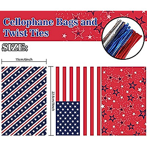 Whaline 150Pcs 4th of July Cello Bags 3 Design Patriotic Stars Stripes Cellophane Bags with Twist Tie American Flag Party Candy Goodie Treat Bag for Independence Day Memorial Day Party Favor Supplies