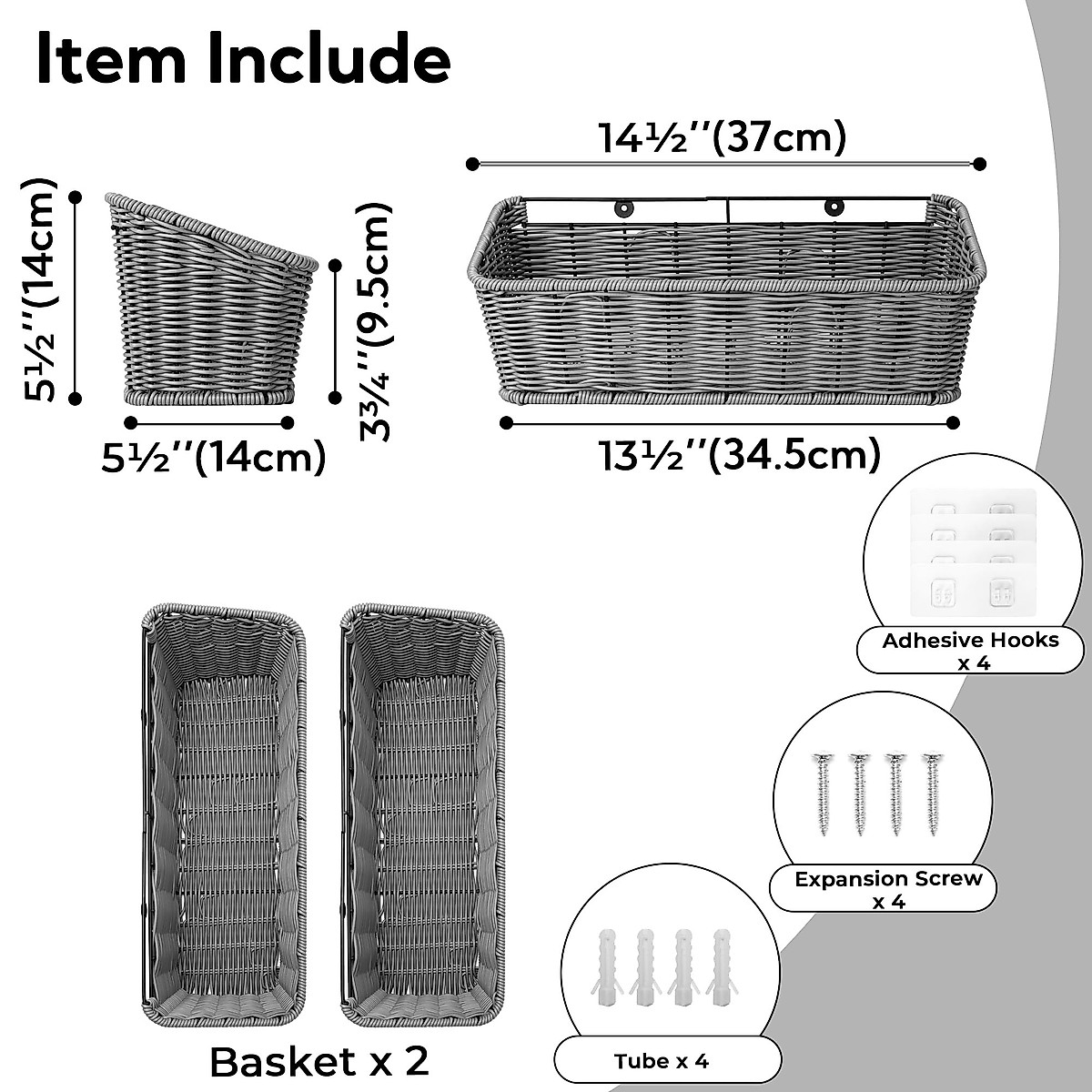 GRANNY SAYS Wicker Hanging Basket, 2 Pack Storage Baskets for Cabinet, Wall Mount Fruit Basket for Kitchen, Adhesive Bathroom Cabinet Organizer, Pantry Organizers and Storage, Gray