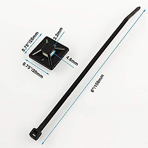 Strong Self Adhesive Wire Clips Cable Zip Tie Mounts 3/4" with 6 Inch Zipties Black UV Protection Outdoor 100 Pcs,Sticky Wire Fasteners Cable Guide Management Mounting Suqare Holder Anchor Base Small
