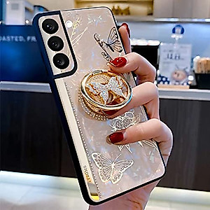 Topwin Kickstand Case, Cute Marble Conch Shell Floral Butterfly with Ring Stand Elegant Shockproof Protective Cover for Girls Women for Samsung Galaxy S22 Plus (Rose Gold)